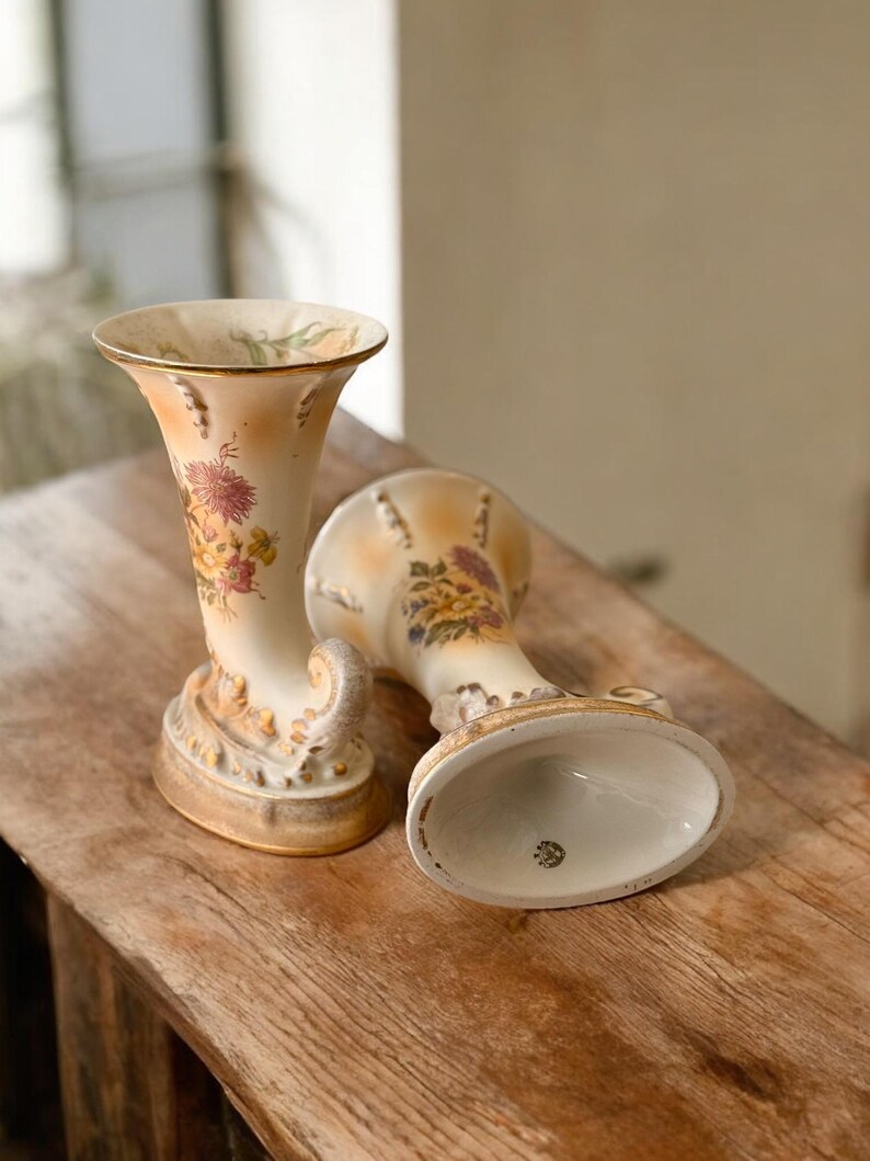 Antique Cornucopia Vases, Hand Painted Floral Urns, Vintage Horn of ...