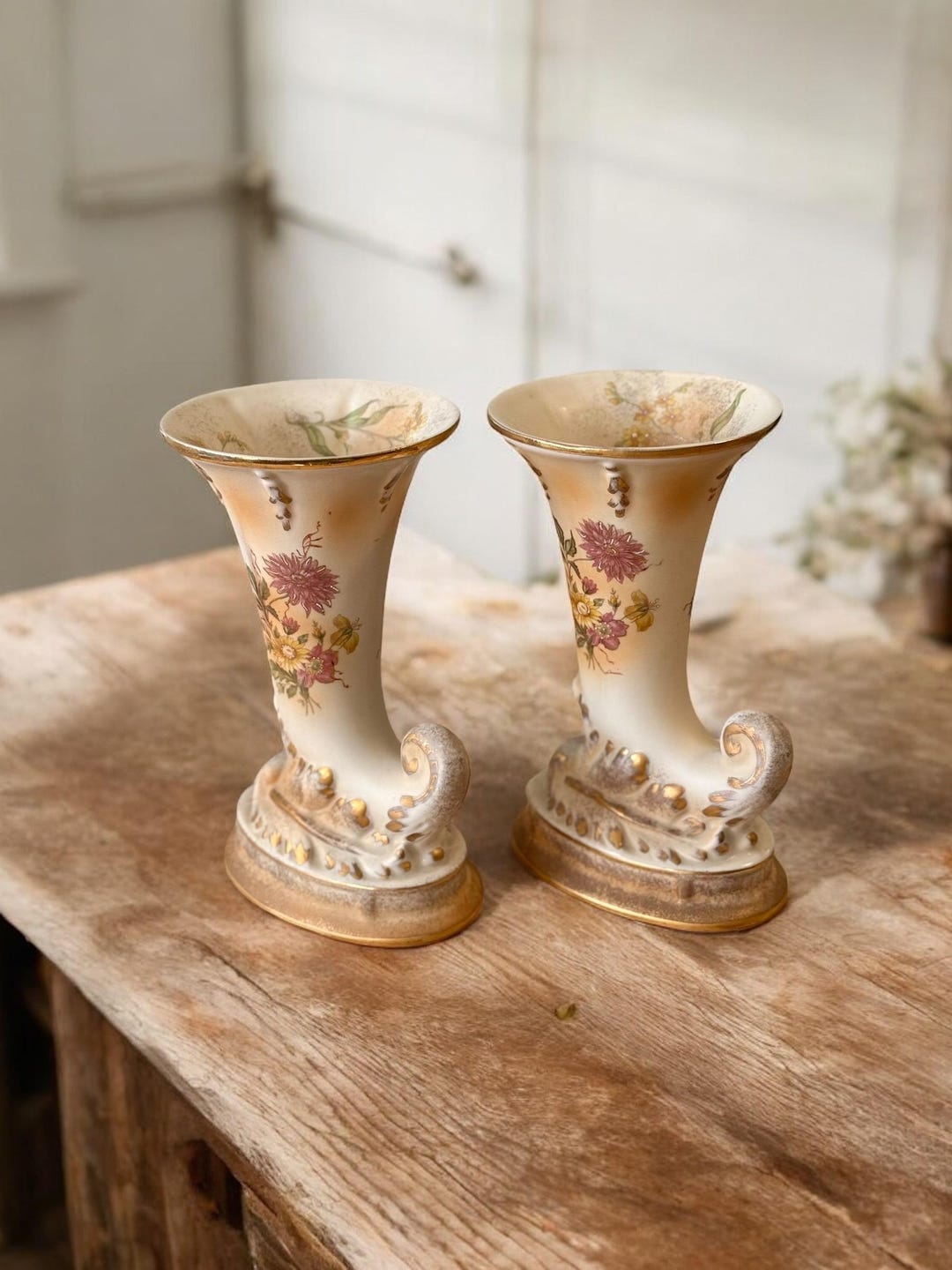 Antique Cornucopia Vases, Hand Painted Floral Urns, Vintage Horn of ...