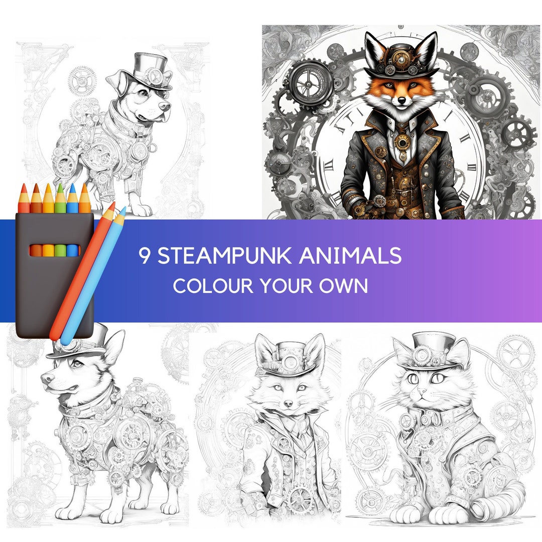 9 Steampunk Animal Colouring Pages - Printable Coloring Pages - Etsy