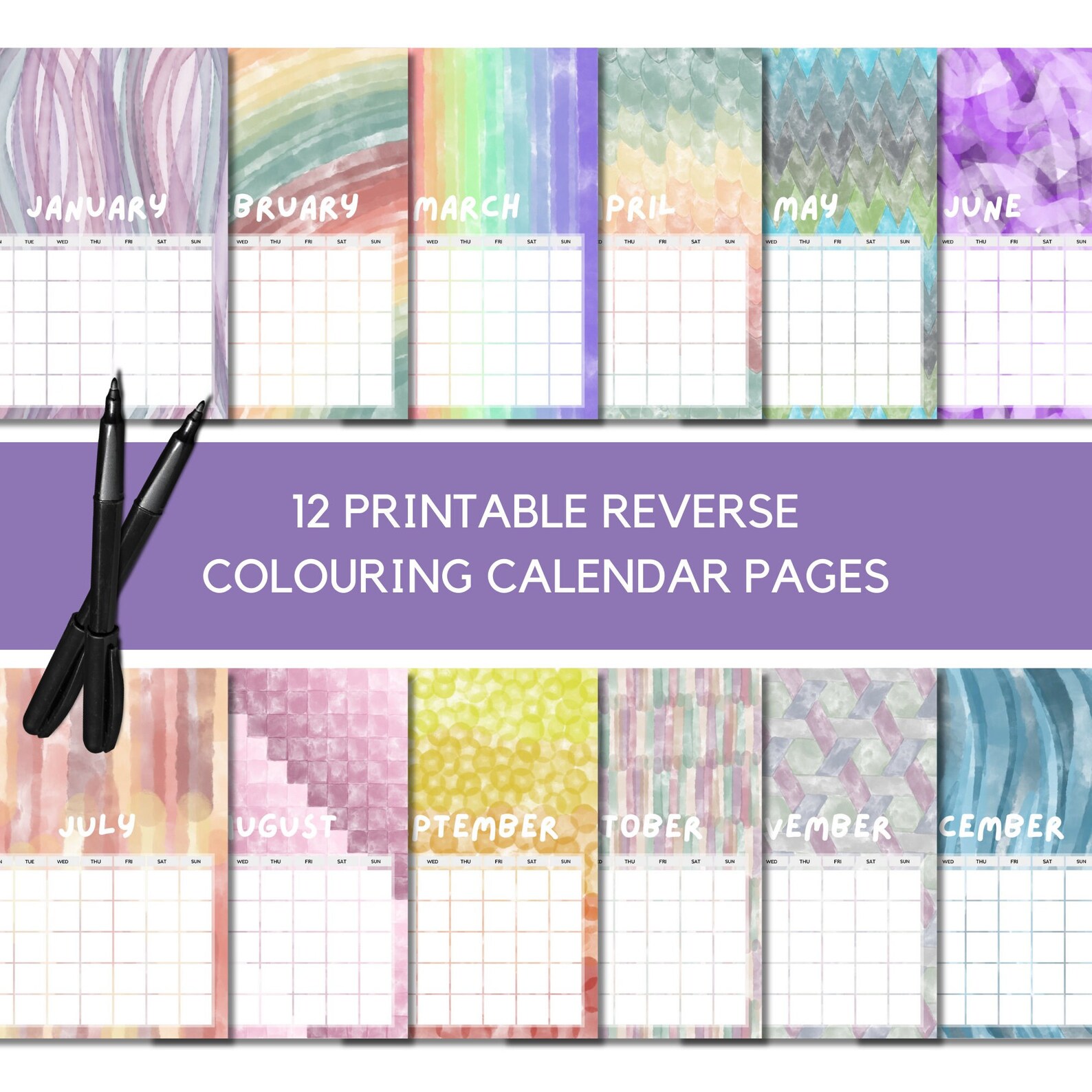 Calendar Reverse Colouring Pages - Printables - Digital Download - Etsy