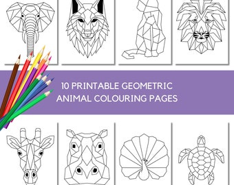 16 Geometric Animal Face Coloring Pages - Coloring Book, Instant ...