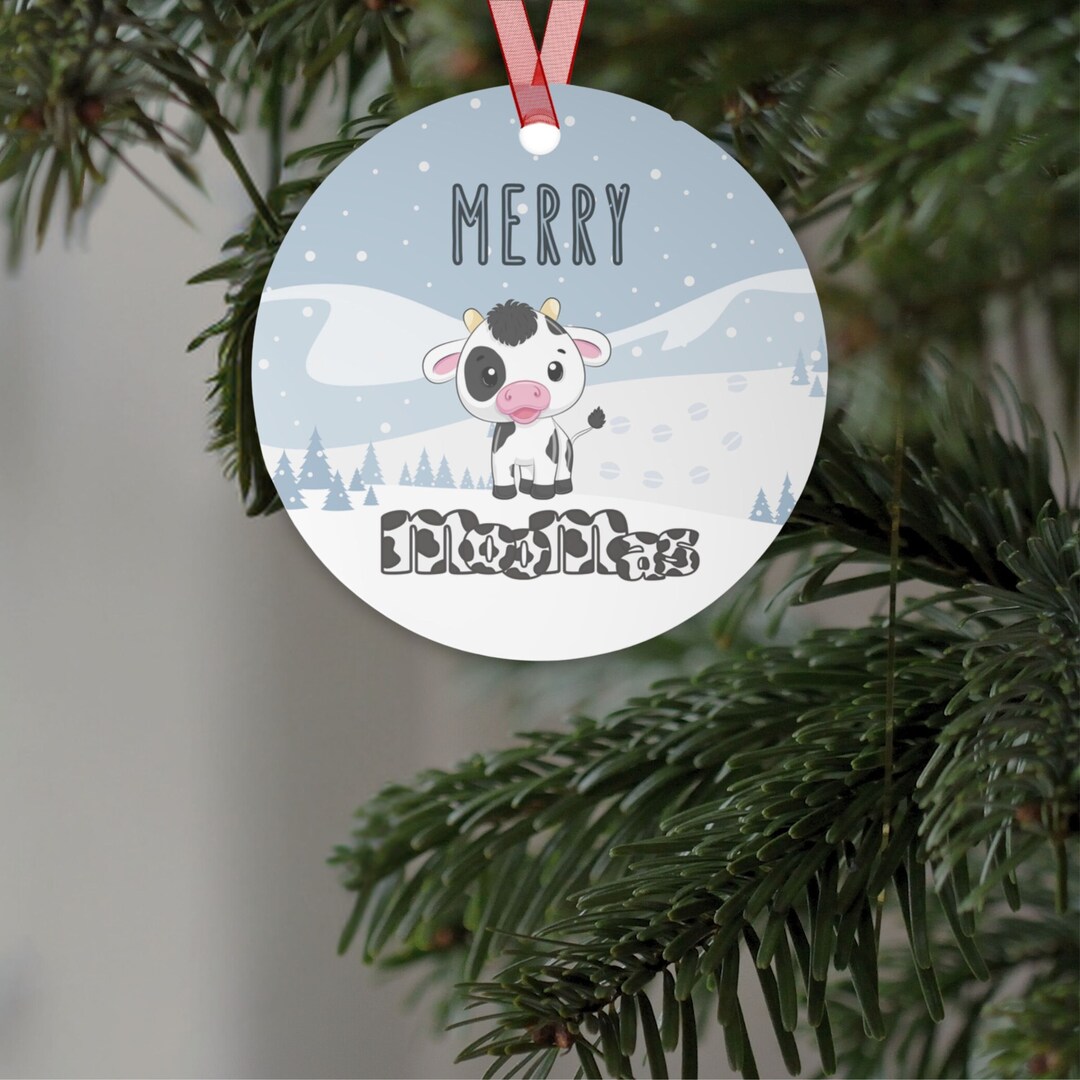 MERRY Moo-mas Metal Ornament. Cute Holstein Cow Christmas Ornament ...