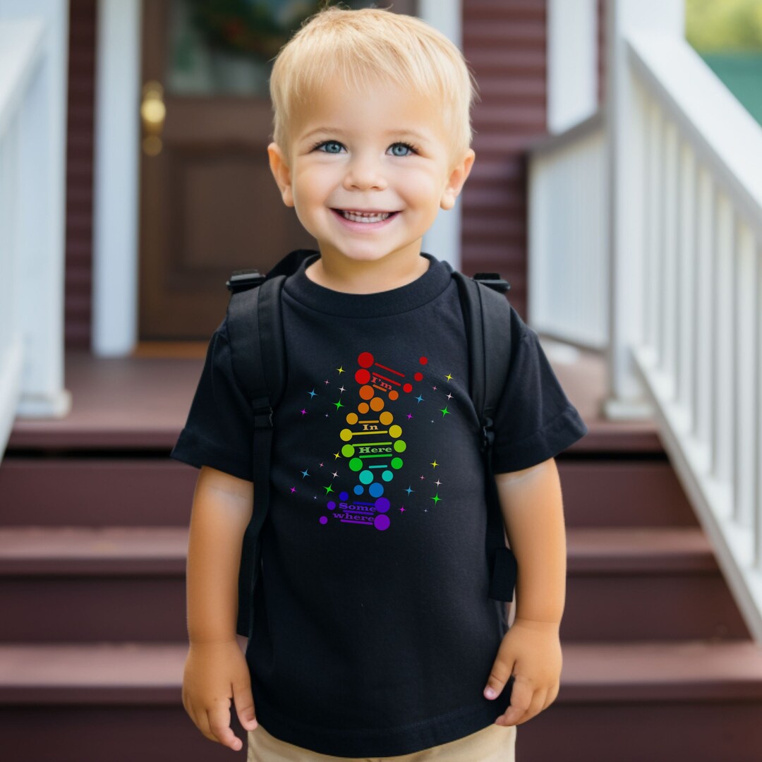 KIDS DNA Strand T-shirt in Black W/rainbow Spectrum DNA. Reads, ~im in ...