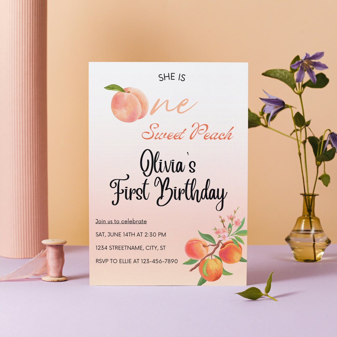 One Sweet Peach Birthday Invite | Peach Party Birthday Invitation ...