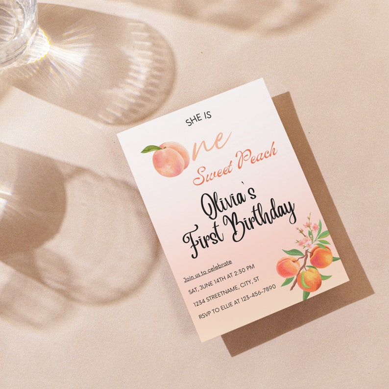 One Sweet Peach Birthday Invite | Peach Party Birthday Invitation ...