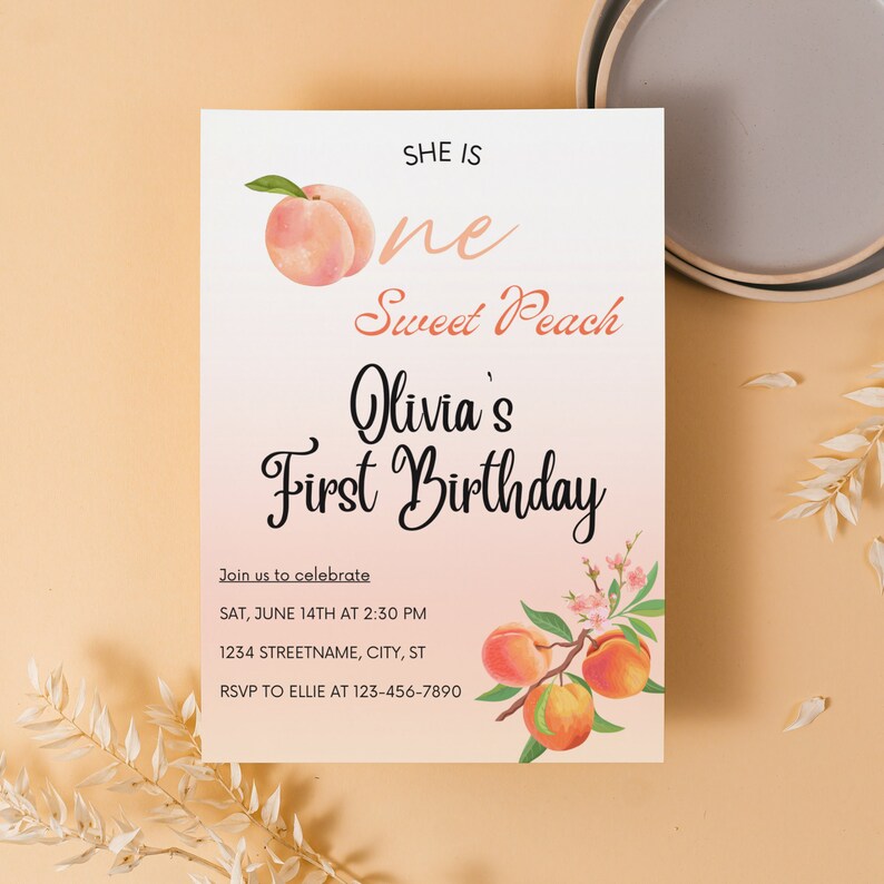 One Sweet Peach Birthday Invite | Peach Party Birthday Invitation ...