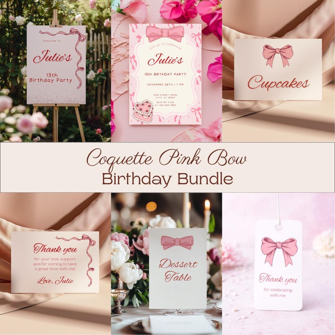 Pink Bow Birthday Party Printable Bundle, Any Age Party Decorations ...