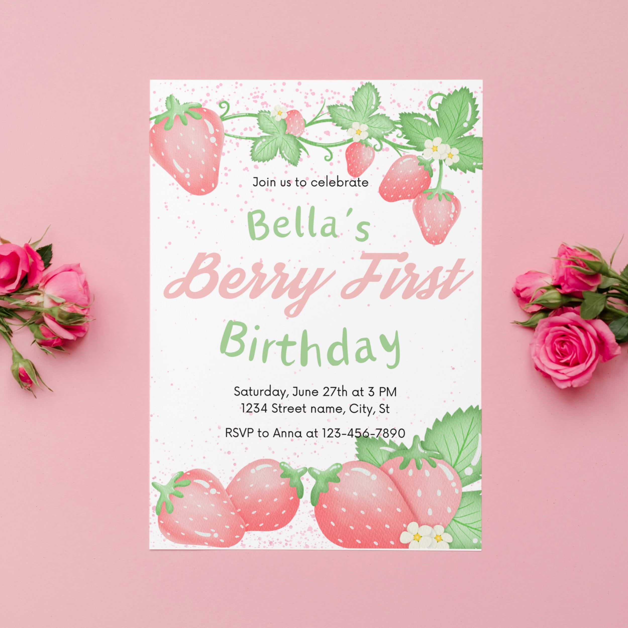 Berry First Birthday Invitation | Modern Strawberry Invitation | 1st ...