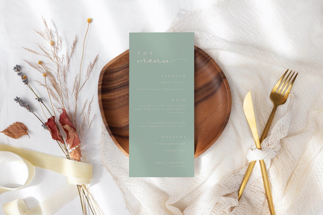 Minimalist Wedding Menu, Sage Green Wedding Menu Card, Menu Dinner ...