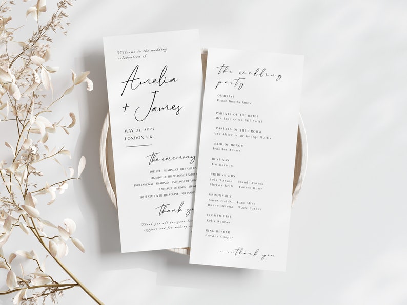Wedding Program Narrow, Modern Wedding Program, Templett Instant ...