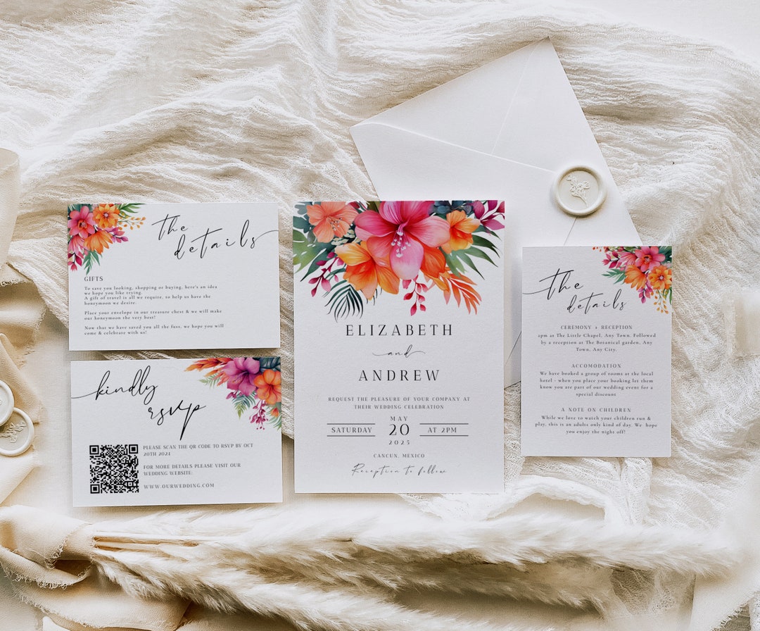 Tropical Wedding Invitation Set, Beach Wedding, Destination Wedding ...