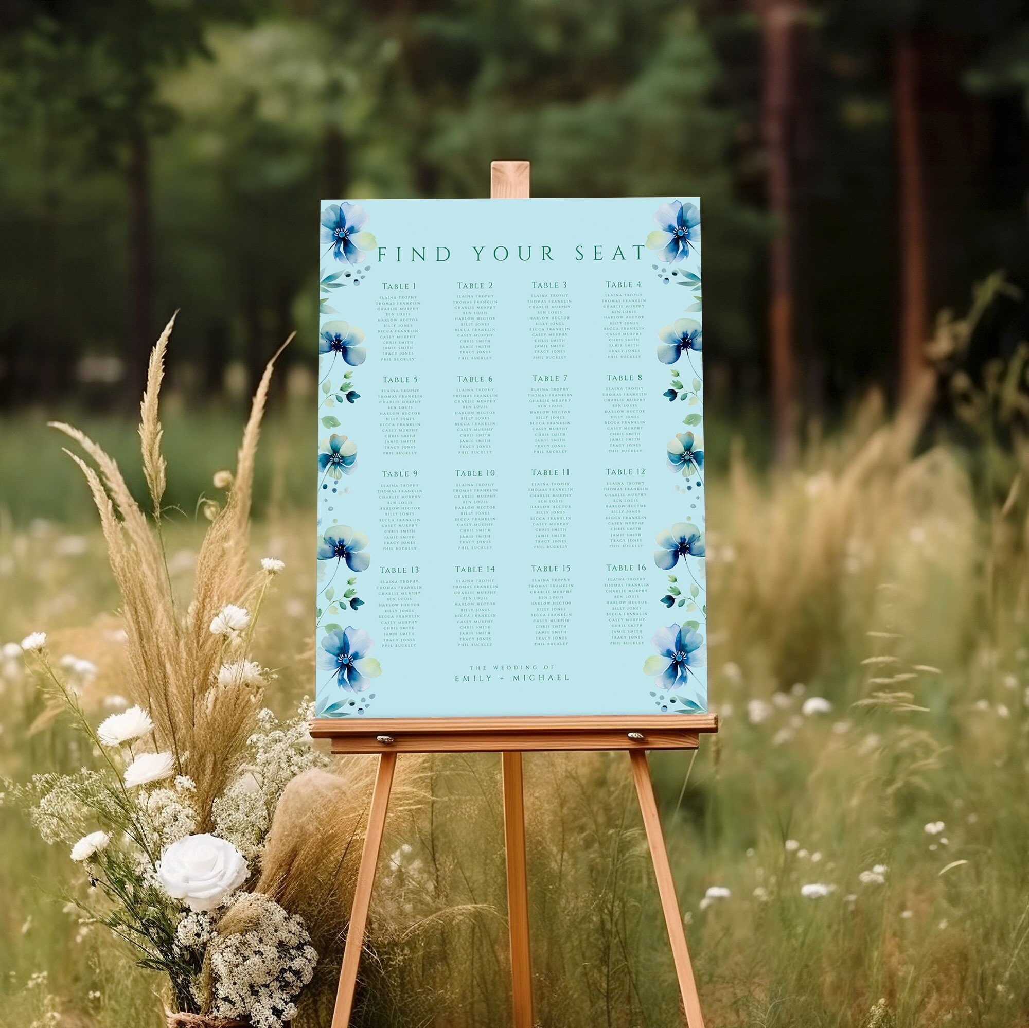 Blue and Green Wedding Seating Chart Template, Blue Floral Seating ...