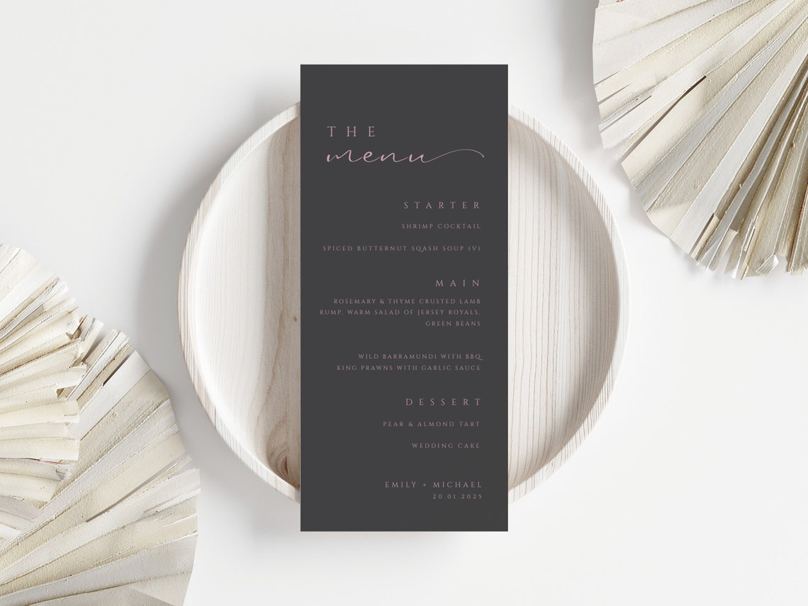 Minimalistic Menu Template, Modern Dinner Menu, Grey & Blush Pink ...