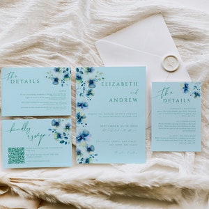Blue & Green Floral Wedding Invitation Set, Blue Wedding Invitation ...