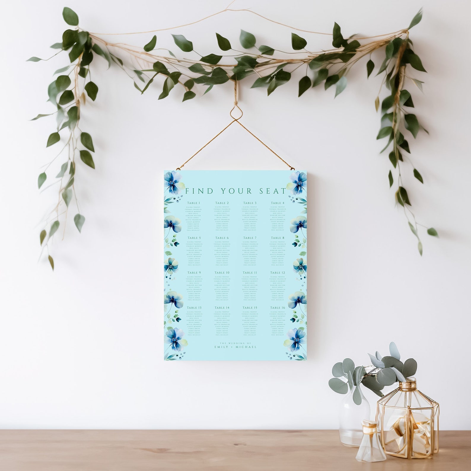Blue and Green Wedding Seating Chart Template, Blue Floral Seating ...