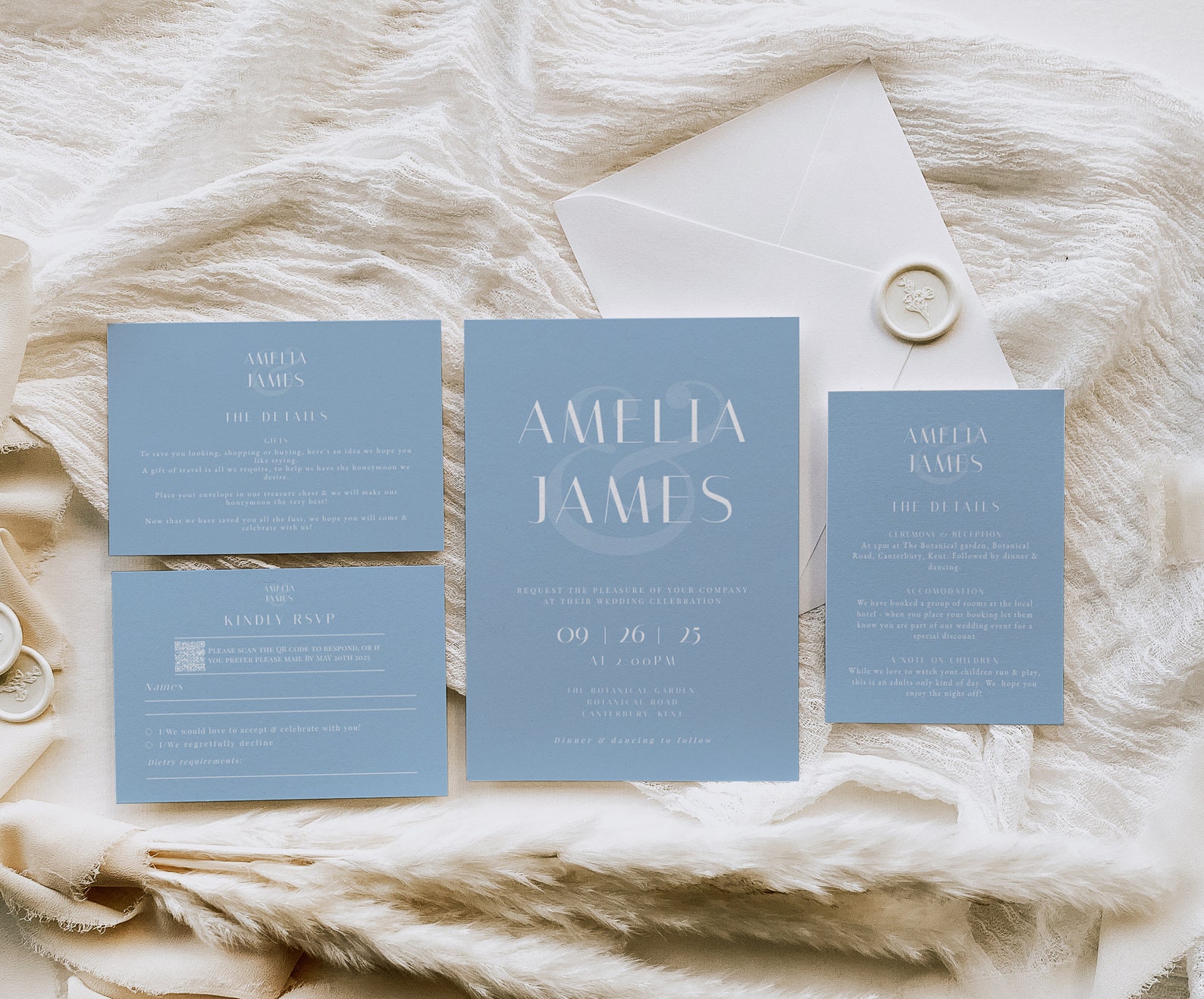 Dusty Blue Wedding Invitation Set, Minimalistic Monogram Wedding ...