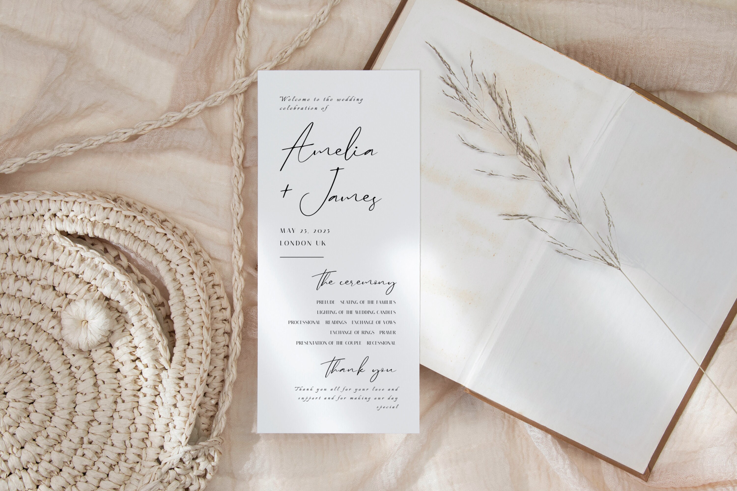 Wedding Program Narrow, Modern Wedding Program, Templett Instant ...