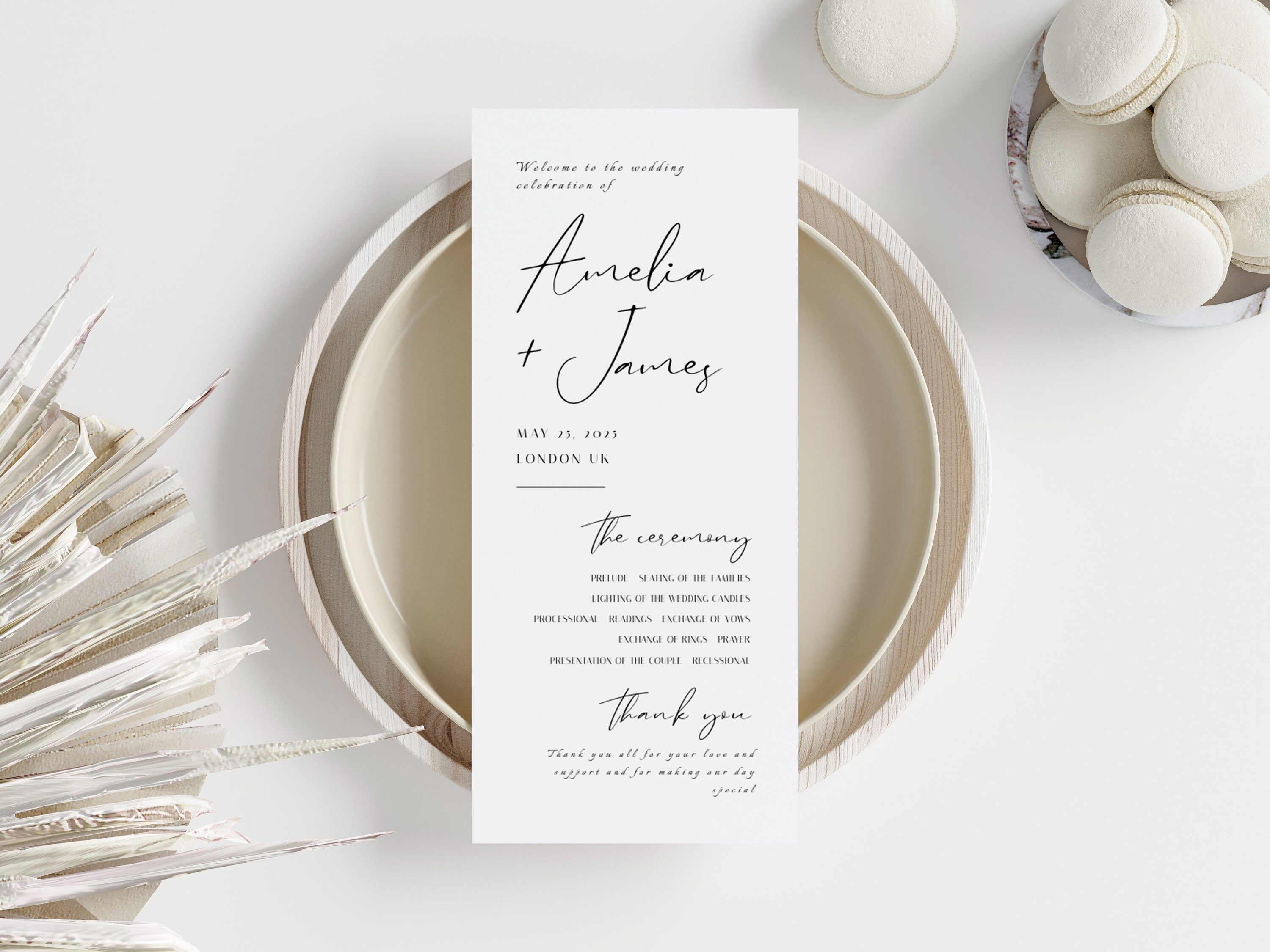 Wedding Program Narrow, Modern Wedding Program, Templett Instant ...