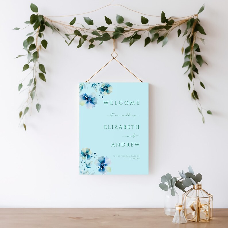 Wedding Welcome Sign Blue and Green Floral, Dusty Blue Wedding ...
