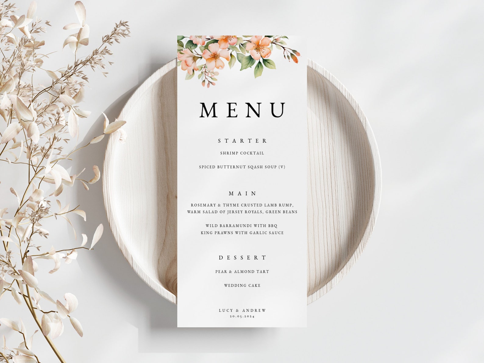 Peach Fuzz Wedding Menu Card, DIY Editable Dinner Menu, Wedding Floral ...