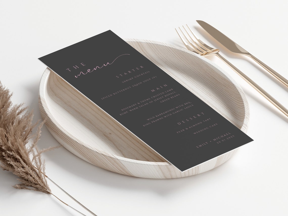 Minimalistic Menu Template, Modern Dinner Menu, Grey & Blush Pink ...