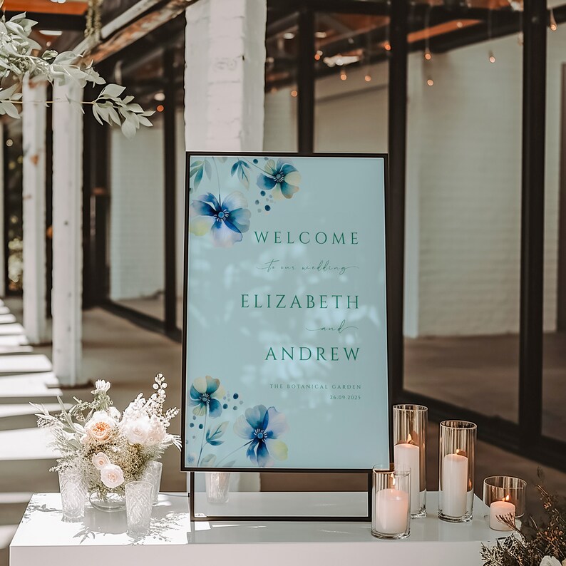 Wedding Welcome Sign Blue and Green Floral, Dusty Blue Wedding ...