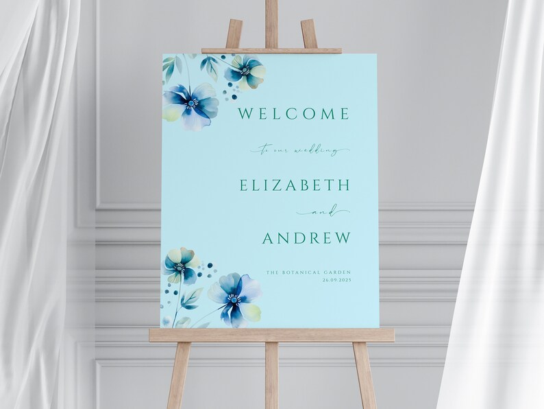 Wedding Welcome Sign Blue and Green Floral, Dusty Blue Wedding ...
