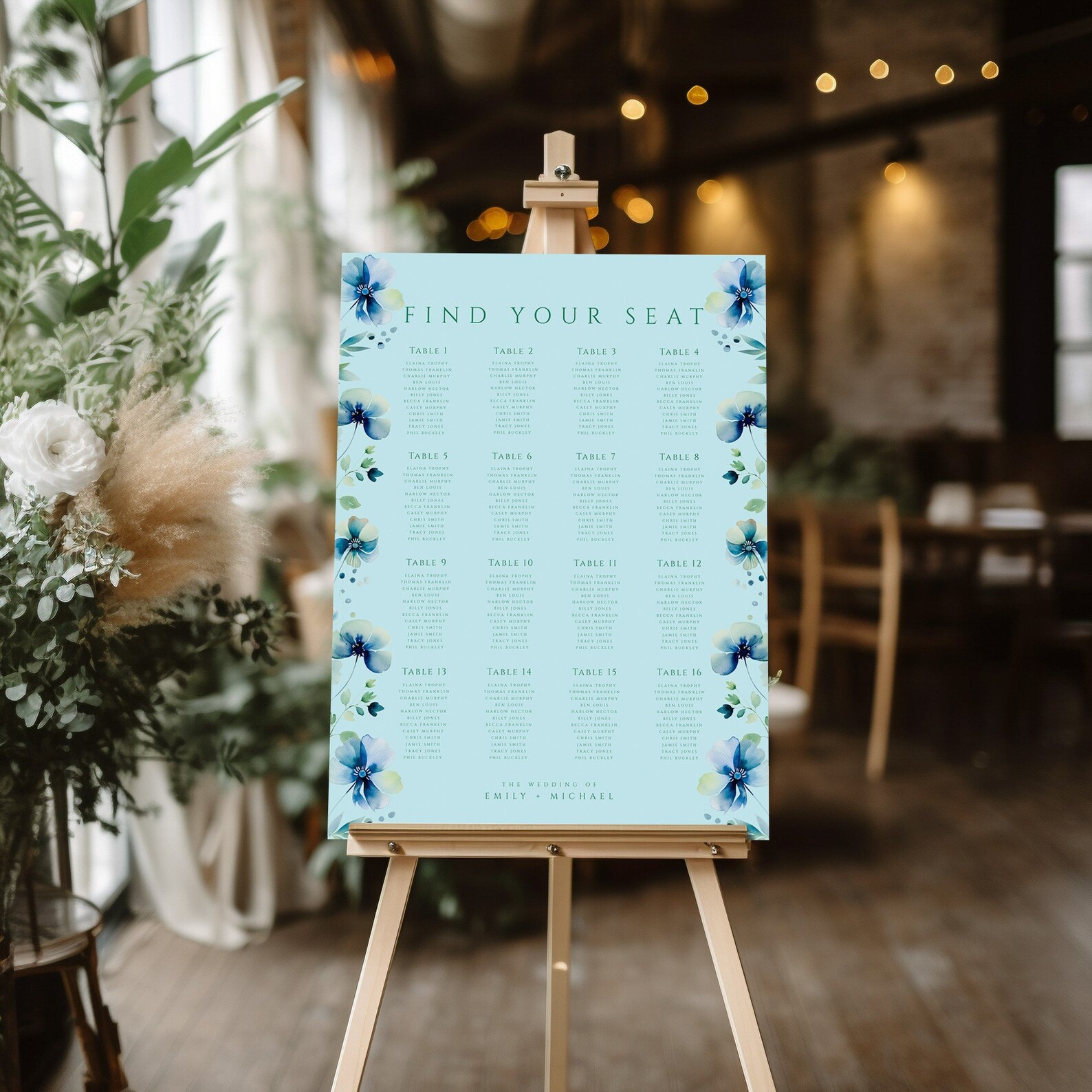 Blue and Green Wedding Seating Chart Template, Blue Floral Seating ...