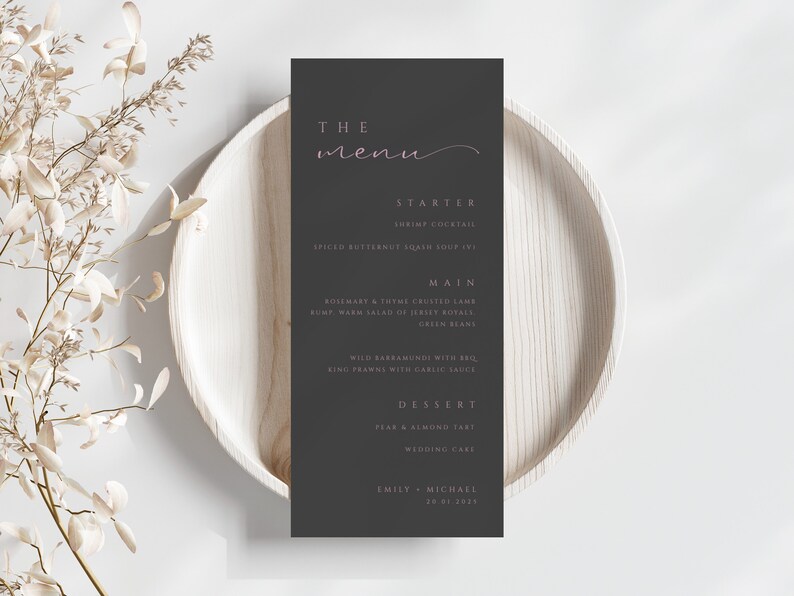 Minimalistic Menu Template, Modern Dinner Menu, Grey & Blush Pink ...