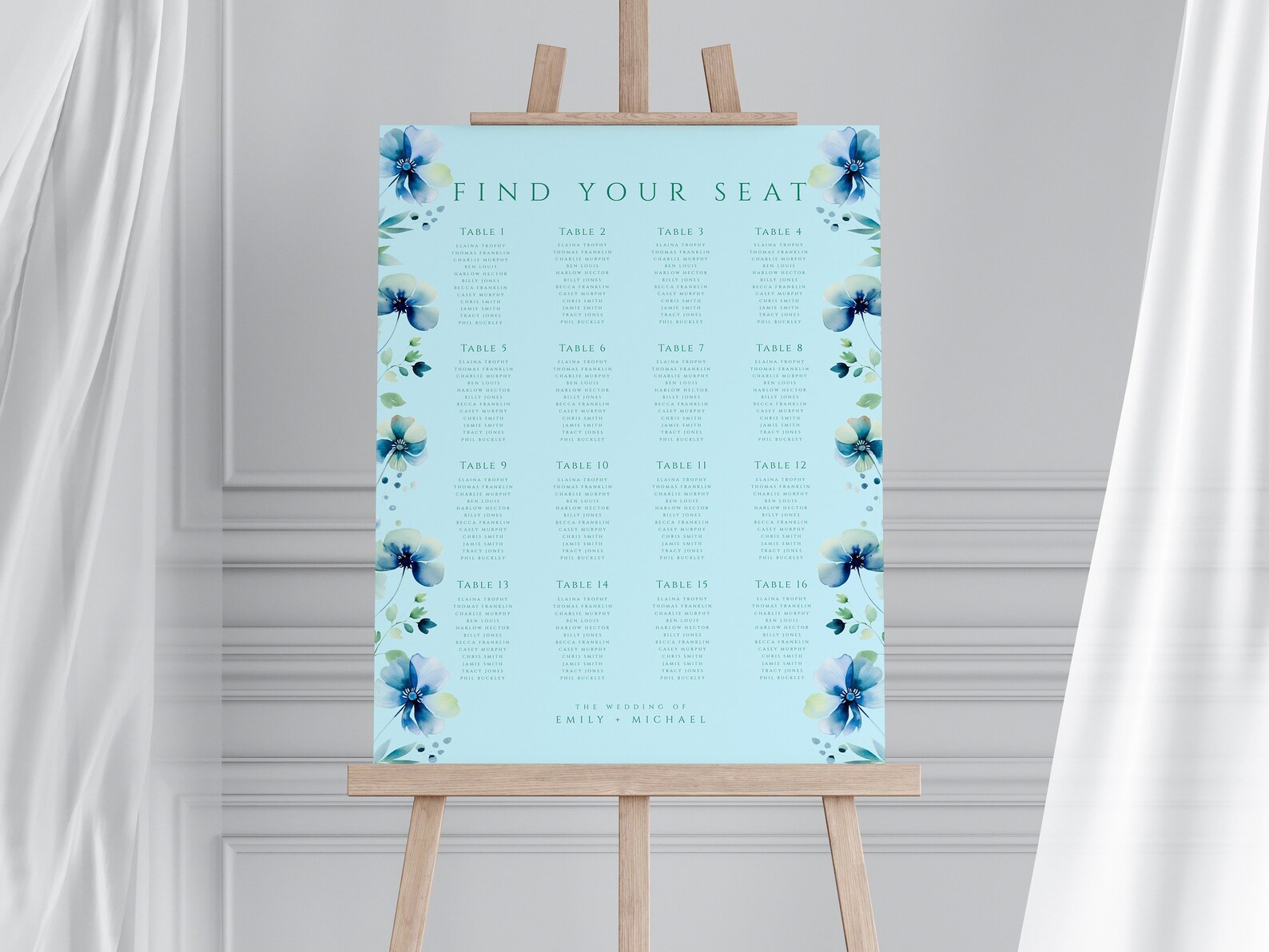 Blue and Green Wedding Seating Chart Template, Blue Floral Seating ...