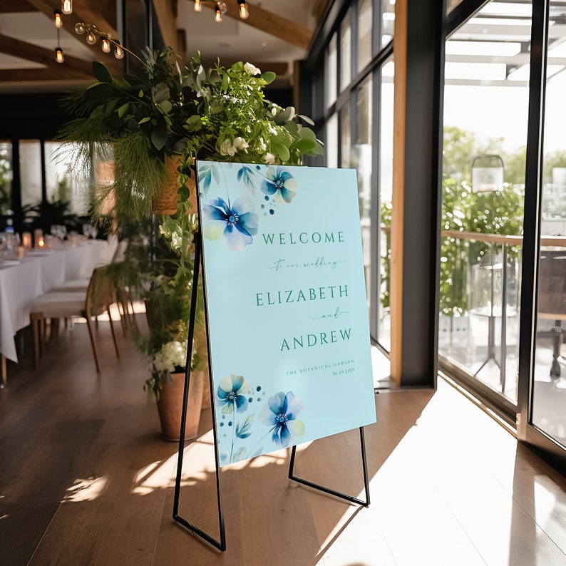 Wedding Welcome Sign Blue and Green Floral, Dusty Blue Wedding ...