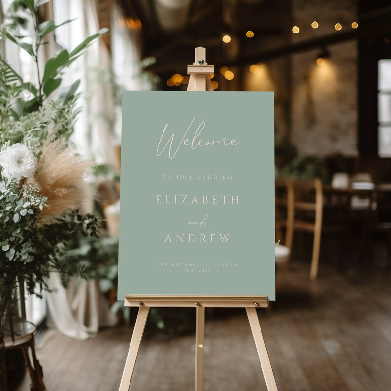 Simple Minimalist Sage Green Wedding Reception Welcome Sign Template ...