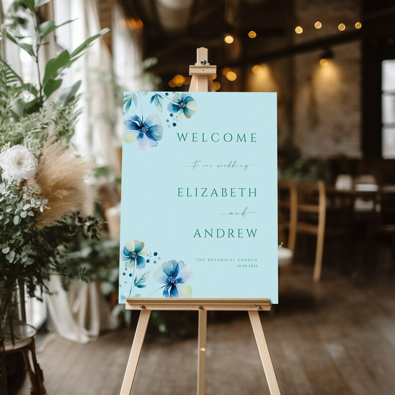 Wedding Welcome Sign Blue and Green Floral, Dusty Blue Wedding ...