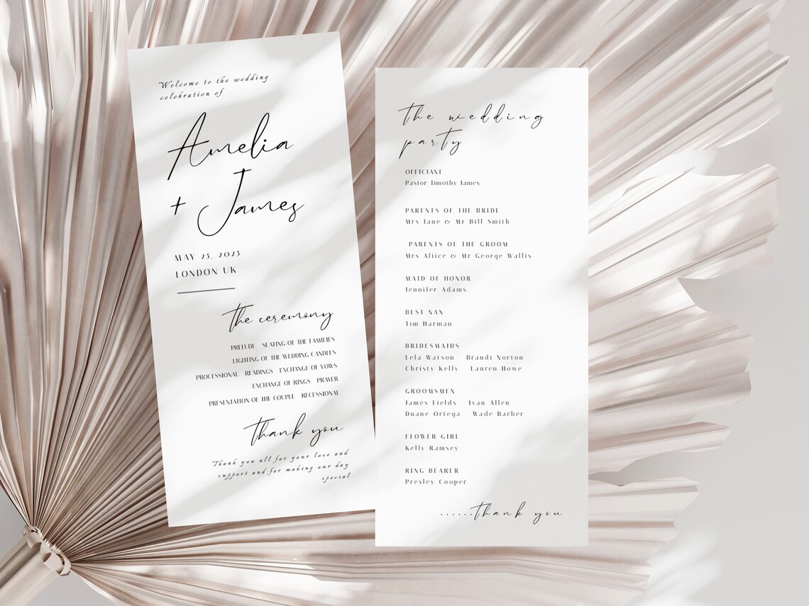Wedding Program Narrow, Modern Wedding Program, Templett Instant ...