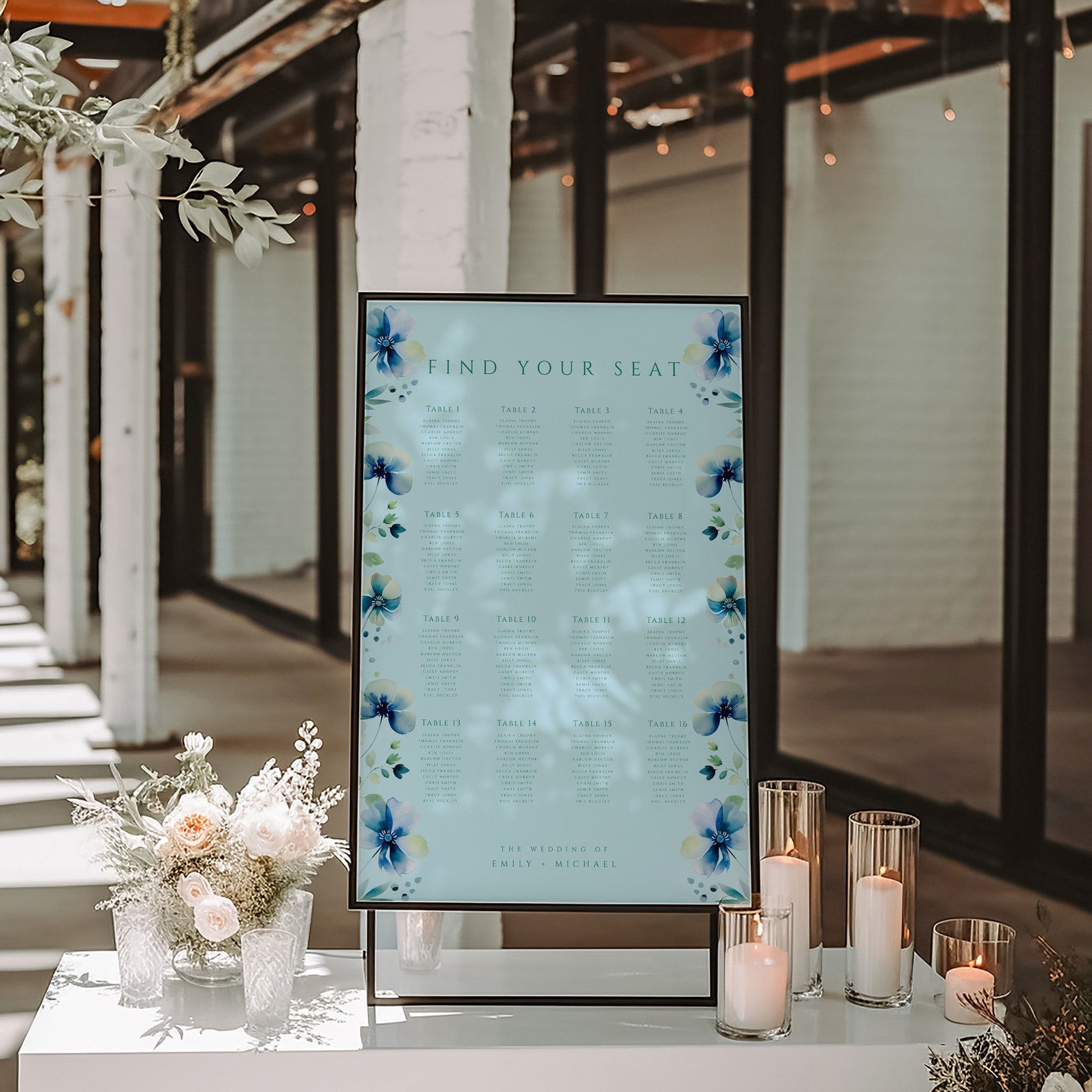 Blue and Green Wedding Seating Chart Template, Blue Floral Seating ...