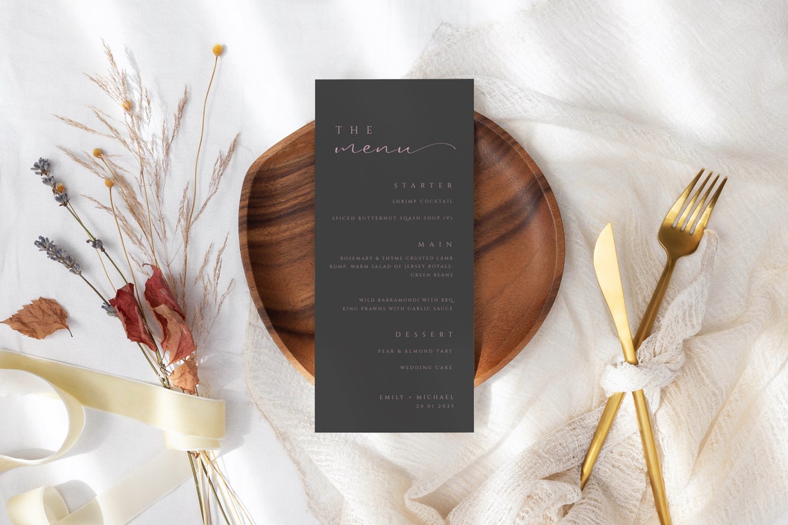 Minimalistic Menu Template, Modern Dinner Menu, Grey & Blush Pink ...
