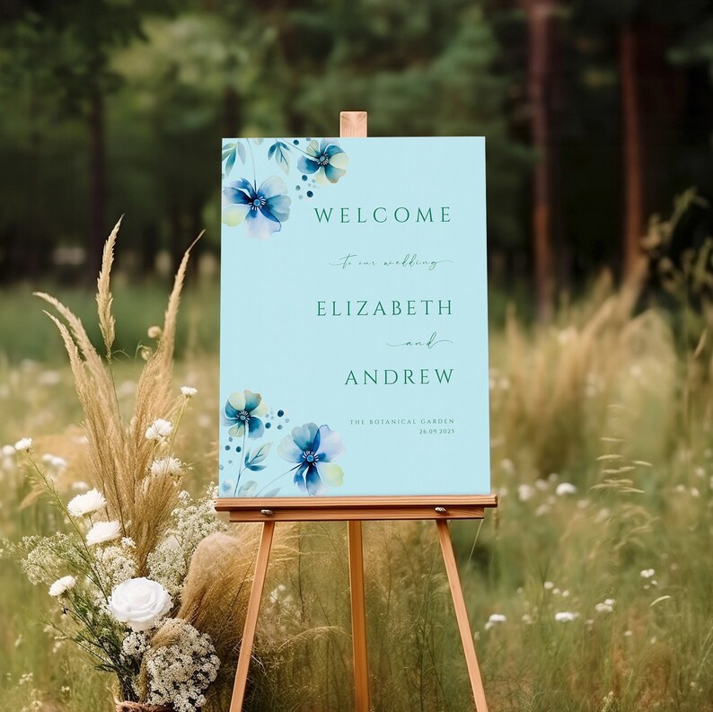 Wedding Welcome Sign Blue and Green Floral, Dusty Blue Wedding ...