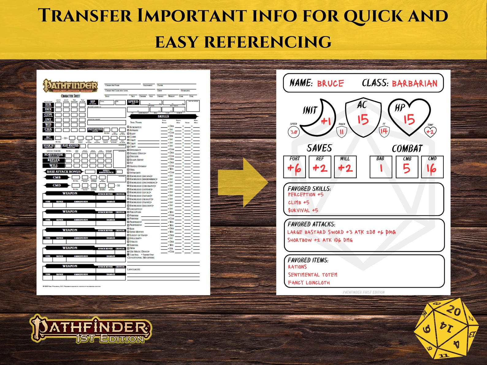 Pathfinder 1E Character Quick Reference Sheet - Printable Character ...