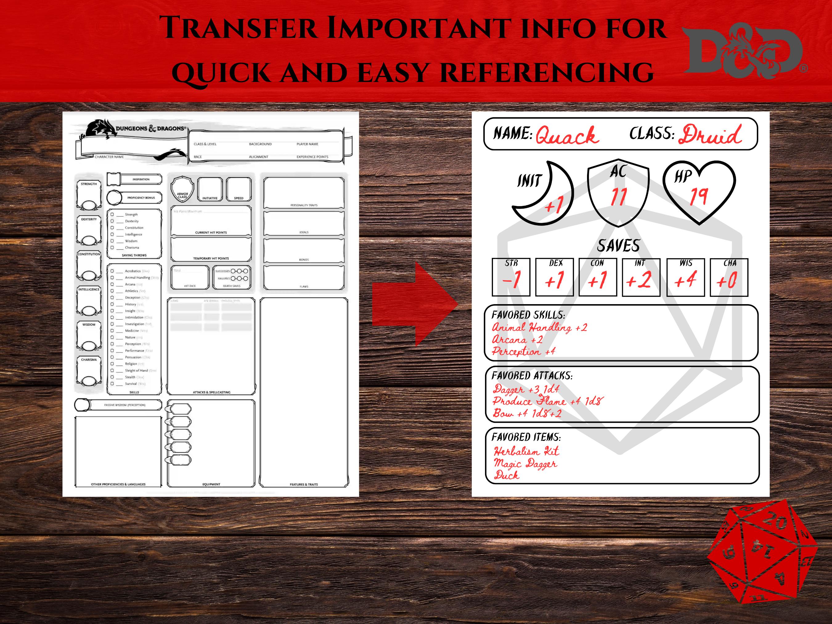 D&D 5E Quick Reference Character Sheet | Digital Download Printable ...