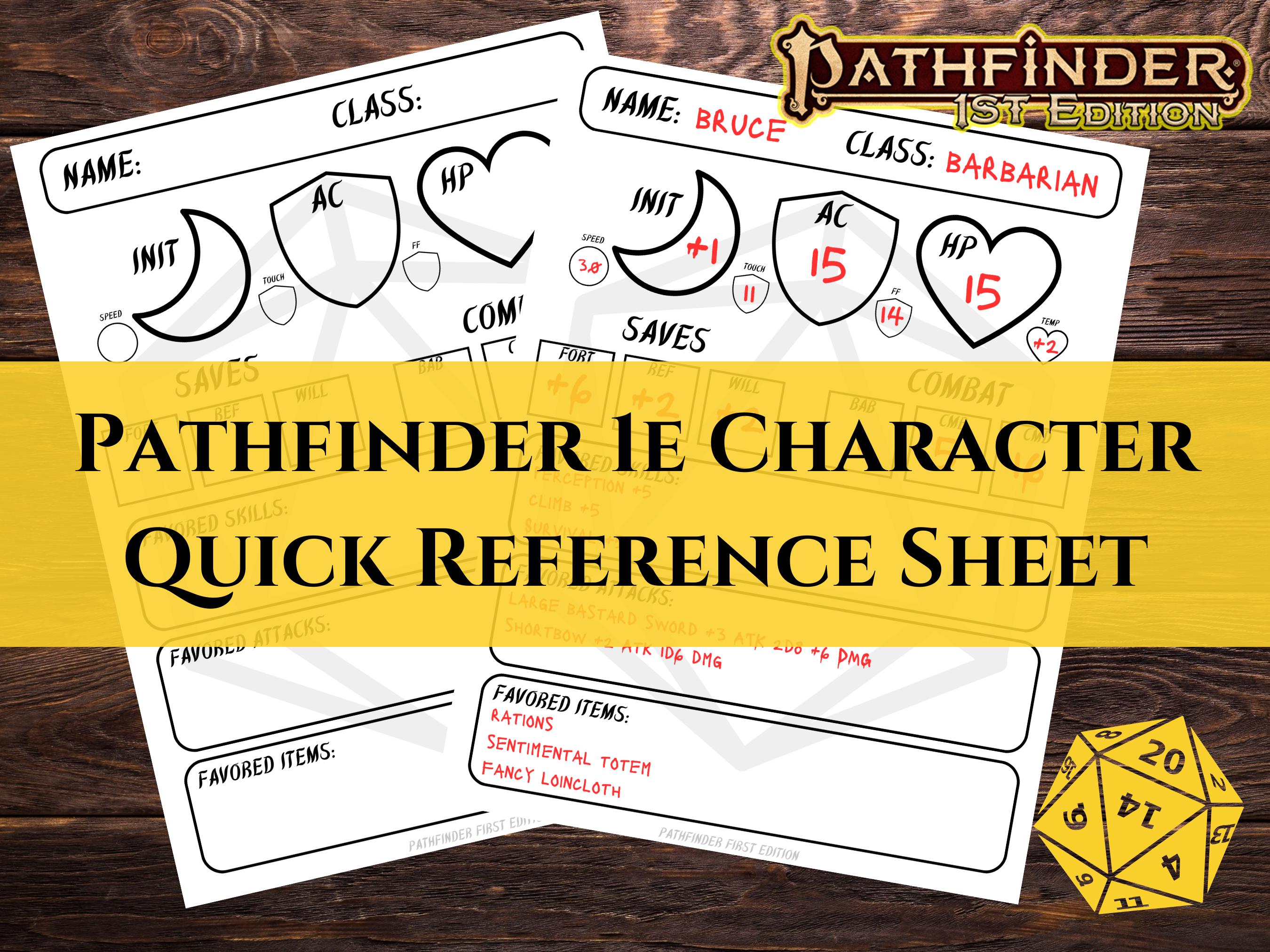 Pathfinder 1E Character Quick Reference Sheet - Printable Character ...