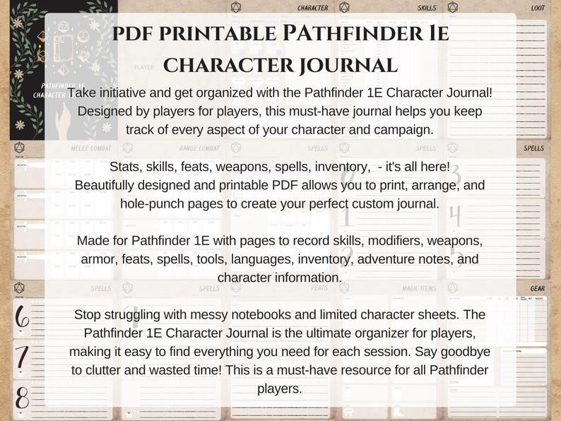 Pathfinder 1E Character Journal | Digital Download Printable TTRPG ...