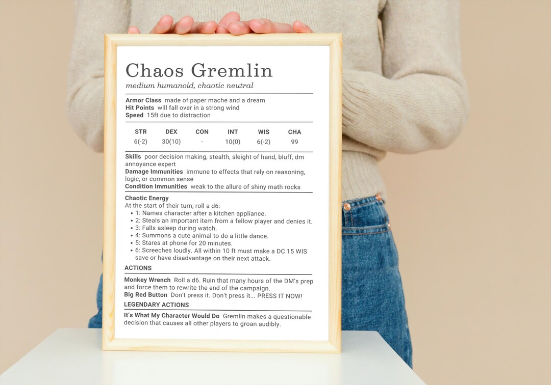 Dungeons and Dragons Wall Art | Chaos Gremlin Joke Stat Block Printable ...