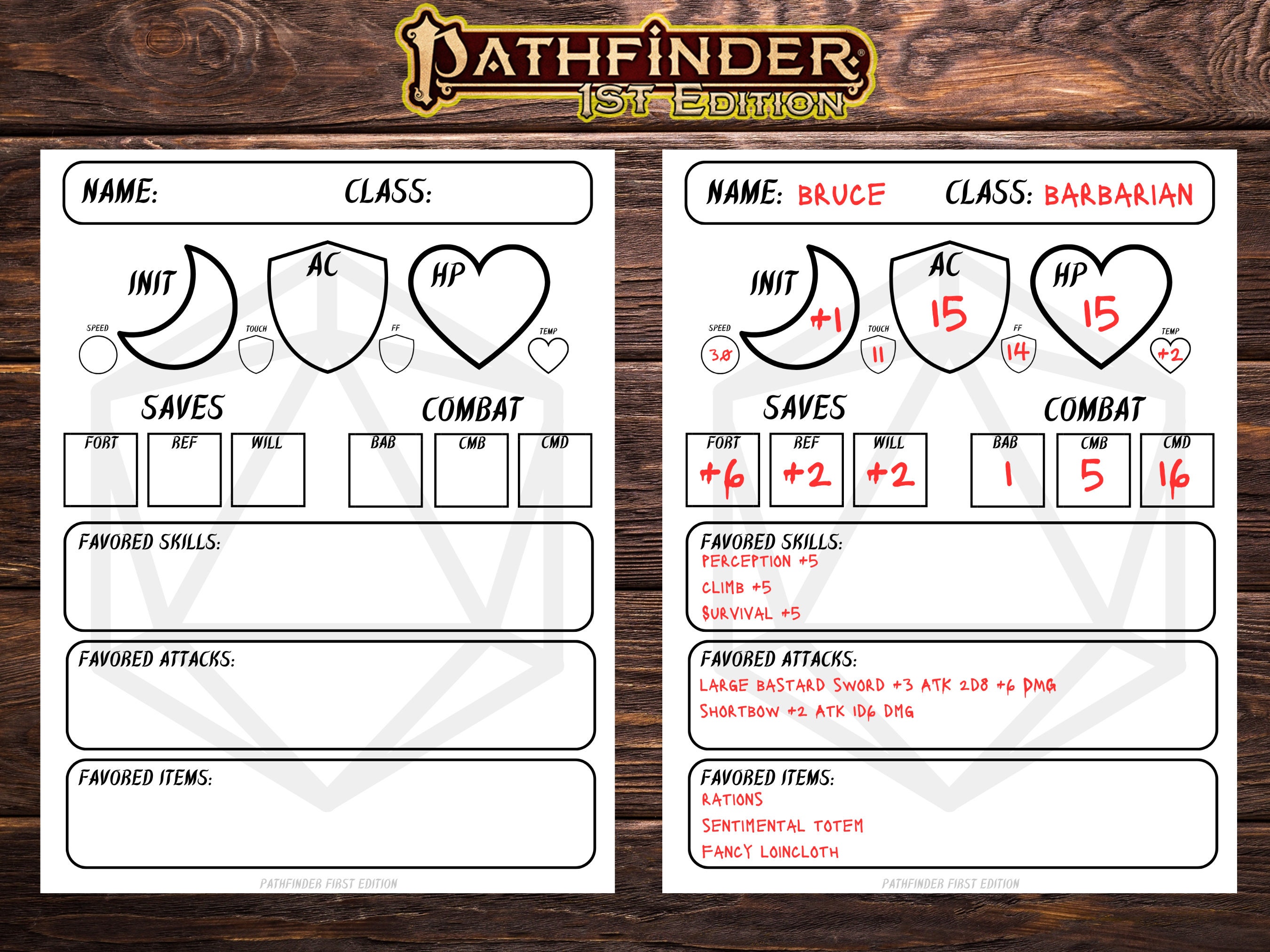 Pathfinder 1E Character Quick Reference Sheet Printable Character Sheet ...