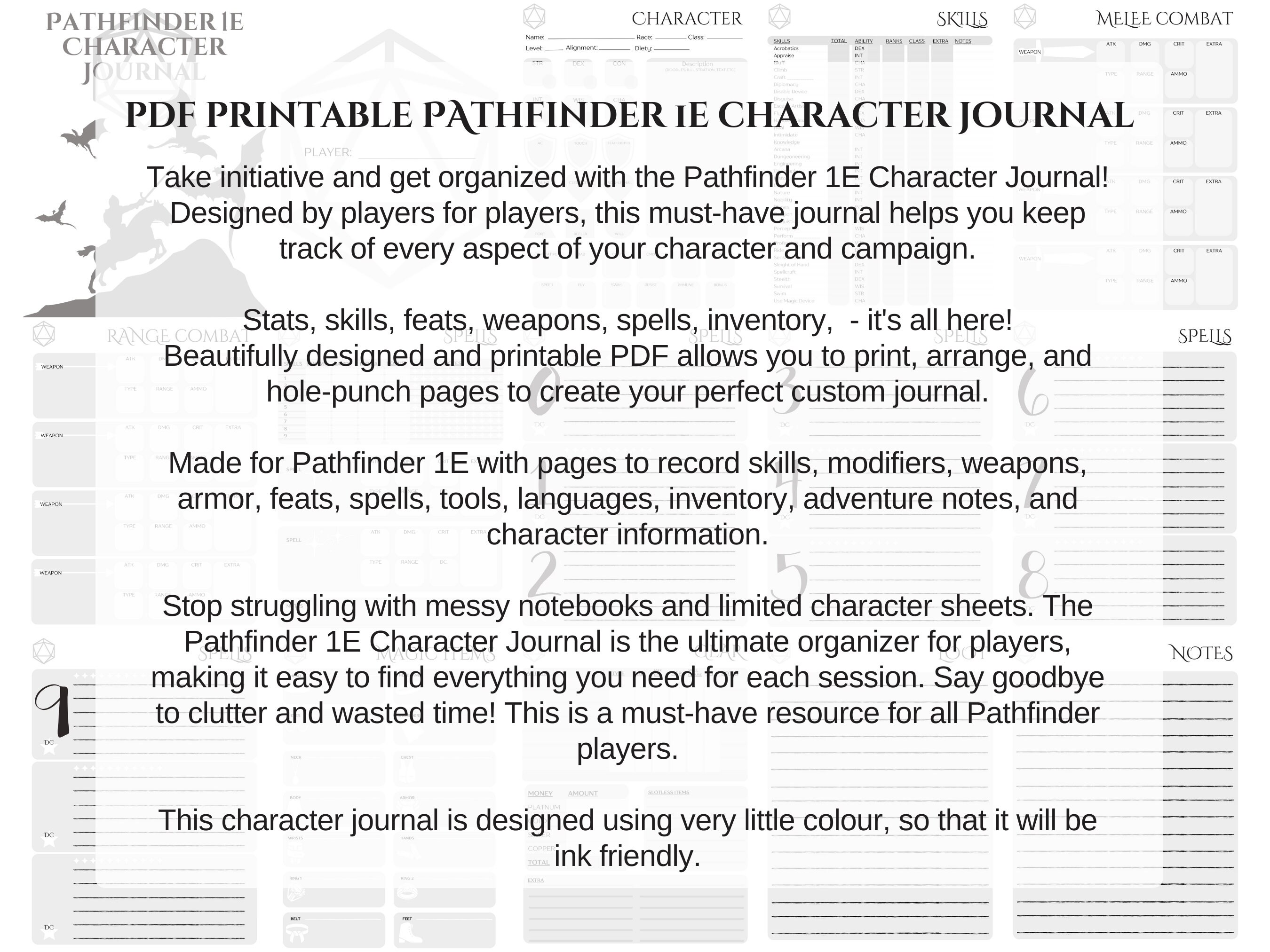 Printable Pathfinder 1e Character Journal, Ink Friendly, Printer ...