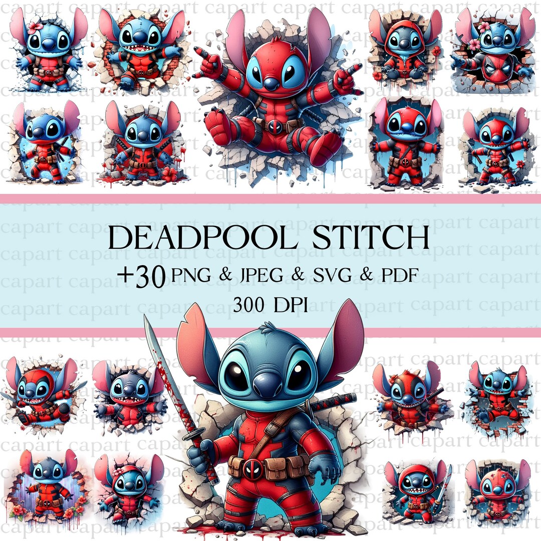 Deadpool Stitch Clipart Bundle, 30 Cute Stitch Design, Stitch Svg ...