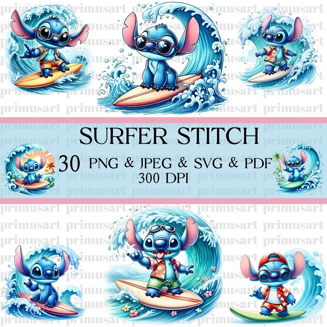 Surfer Stitch Clipart Bundle, 30 Cute Stitch Design, Stitch Svg, Lilo ...