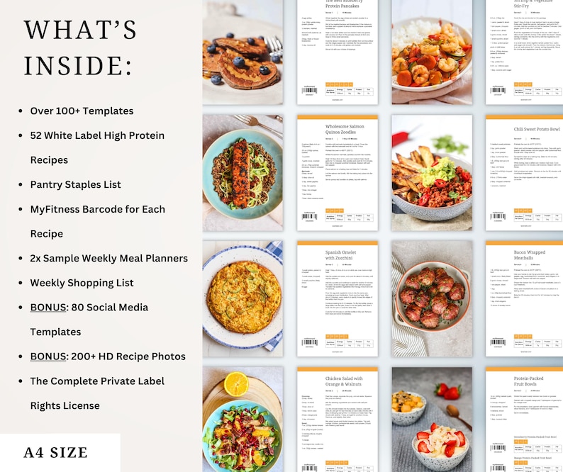 High Protein Recipe Pack | 50+ Editable Canva Recipe Templates, 100 ...