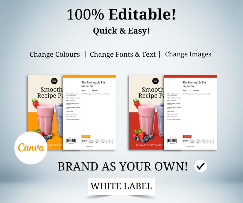 Smoothie Recipe Pack | 30+ Editable Canva Recipe Templates, 100+ Pages ...