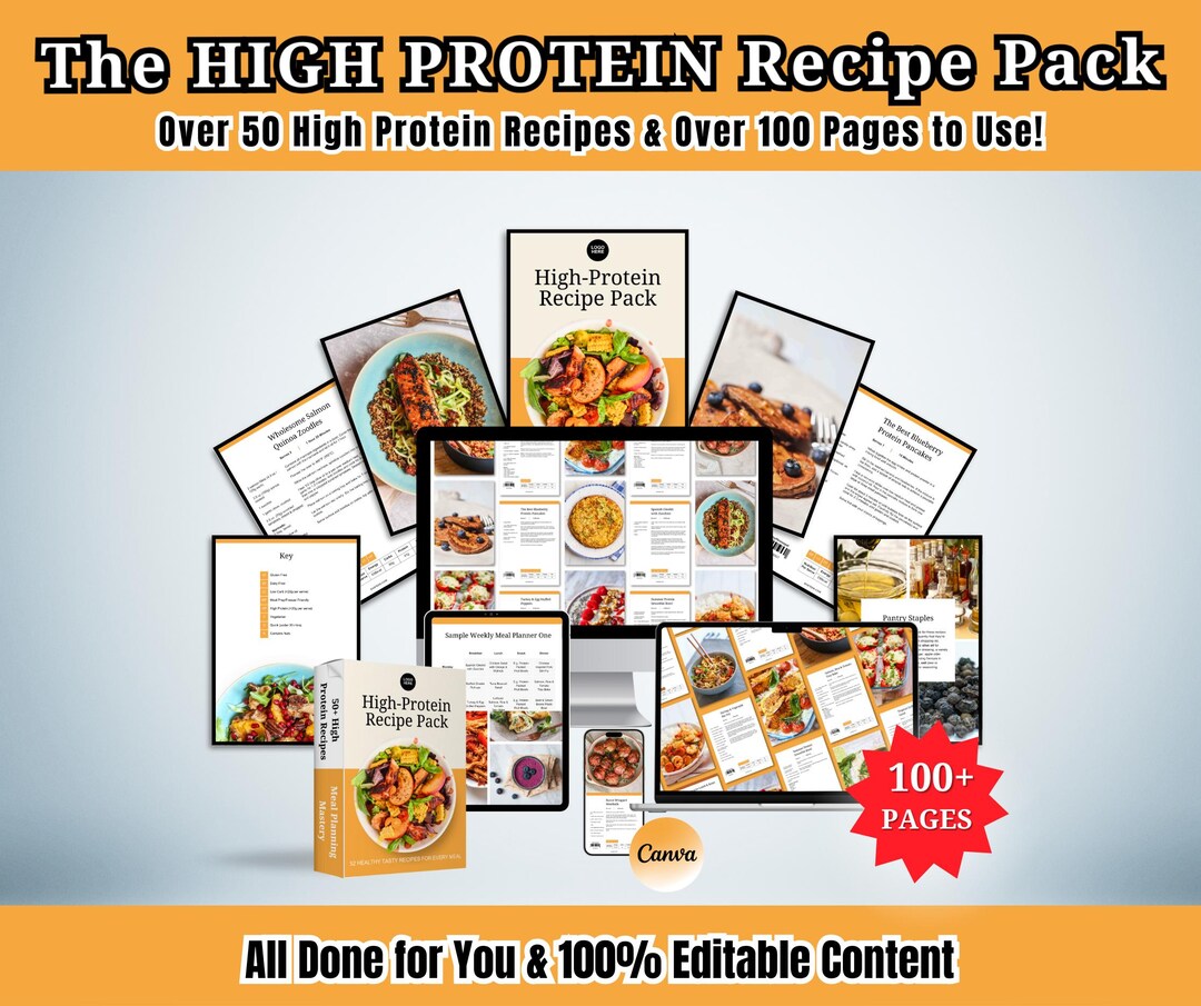 High Protein Recipe Pack Ideas | 50+ Editable Canva Recipe Templates ...