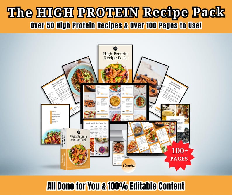 High Protein Recipe Pack Ideas | 50+ Editable Canva Recipe Templates ...
